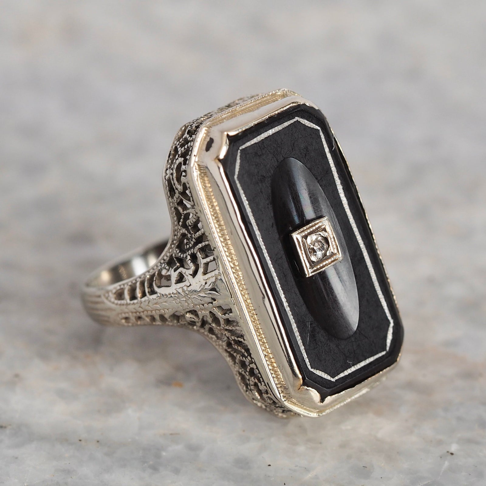 Antique Art Deco 14k White Gold Onyx and Diamond Ring