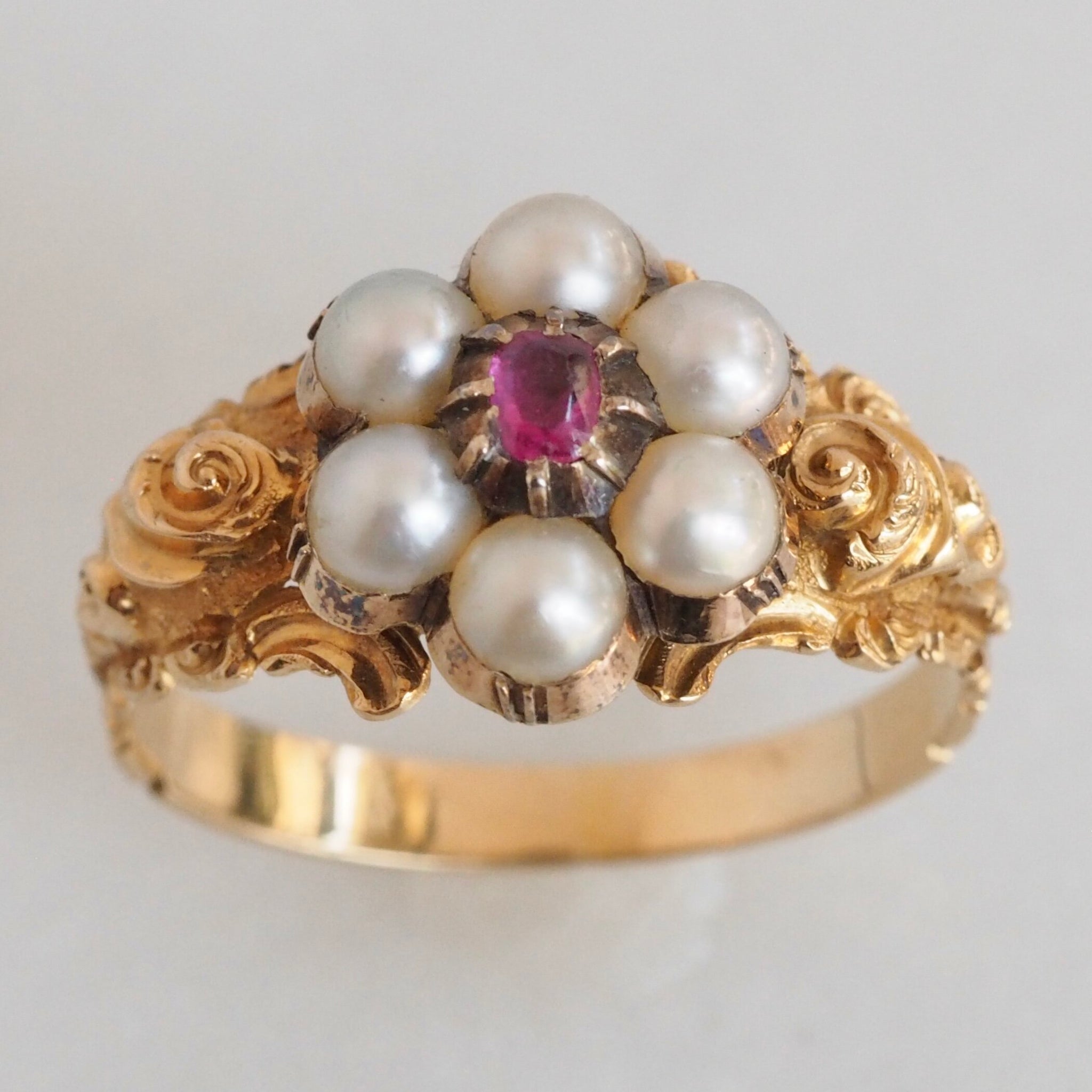 Antique Georgian 18k Gold Ruby and Pearl Halo Ring
