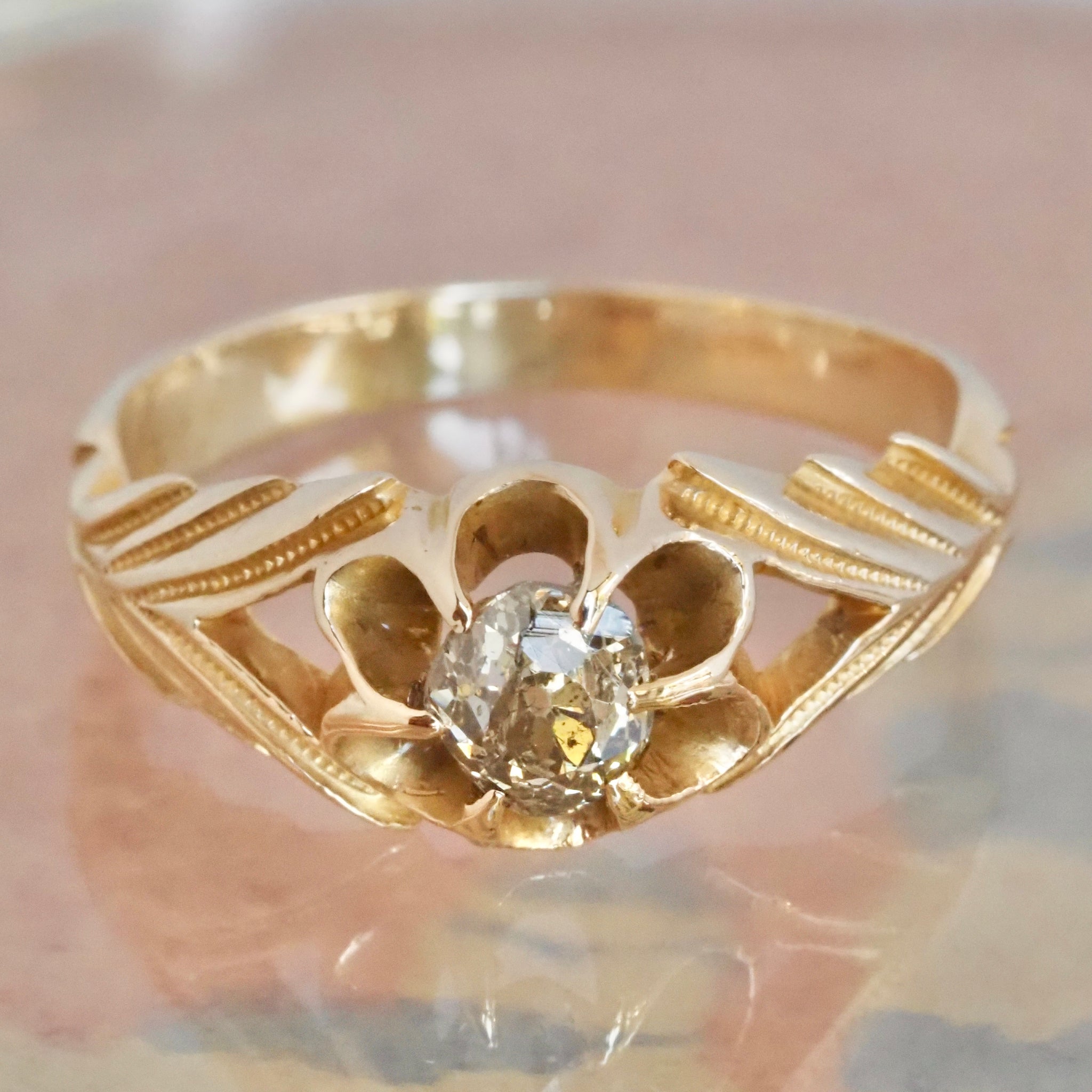 Vintage Fancy Light Brown Old Mine Cut Diamond Fern Engagement Ring