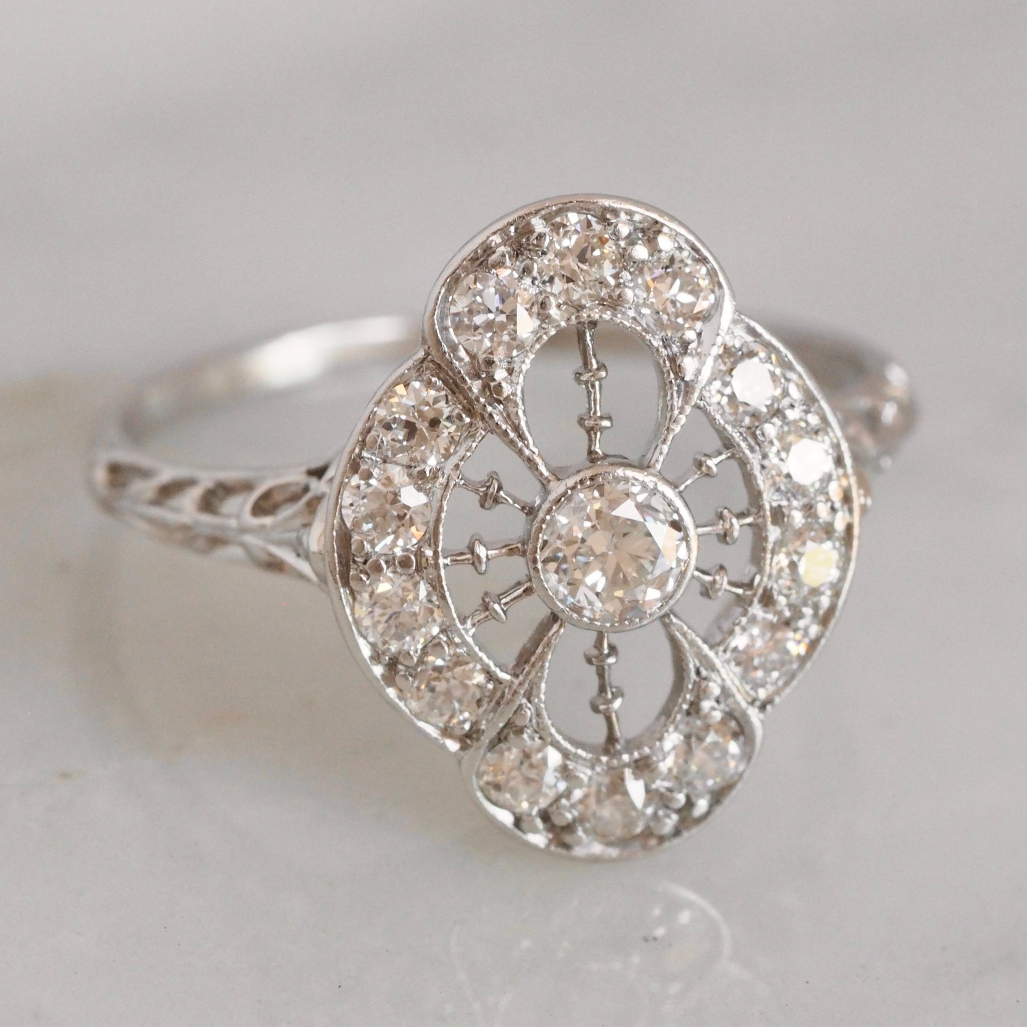 Antique Art Deco Platinum Filigree Old European Cut Diamond Shield Rin